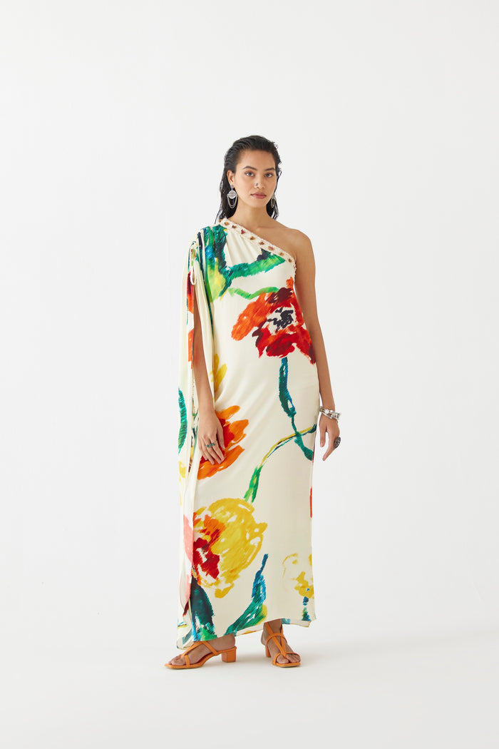 MONET ONE SHOULDER DRAWSTRING DRESS