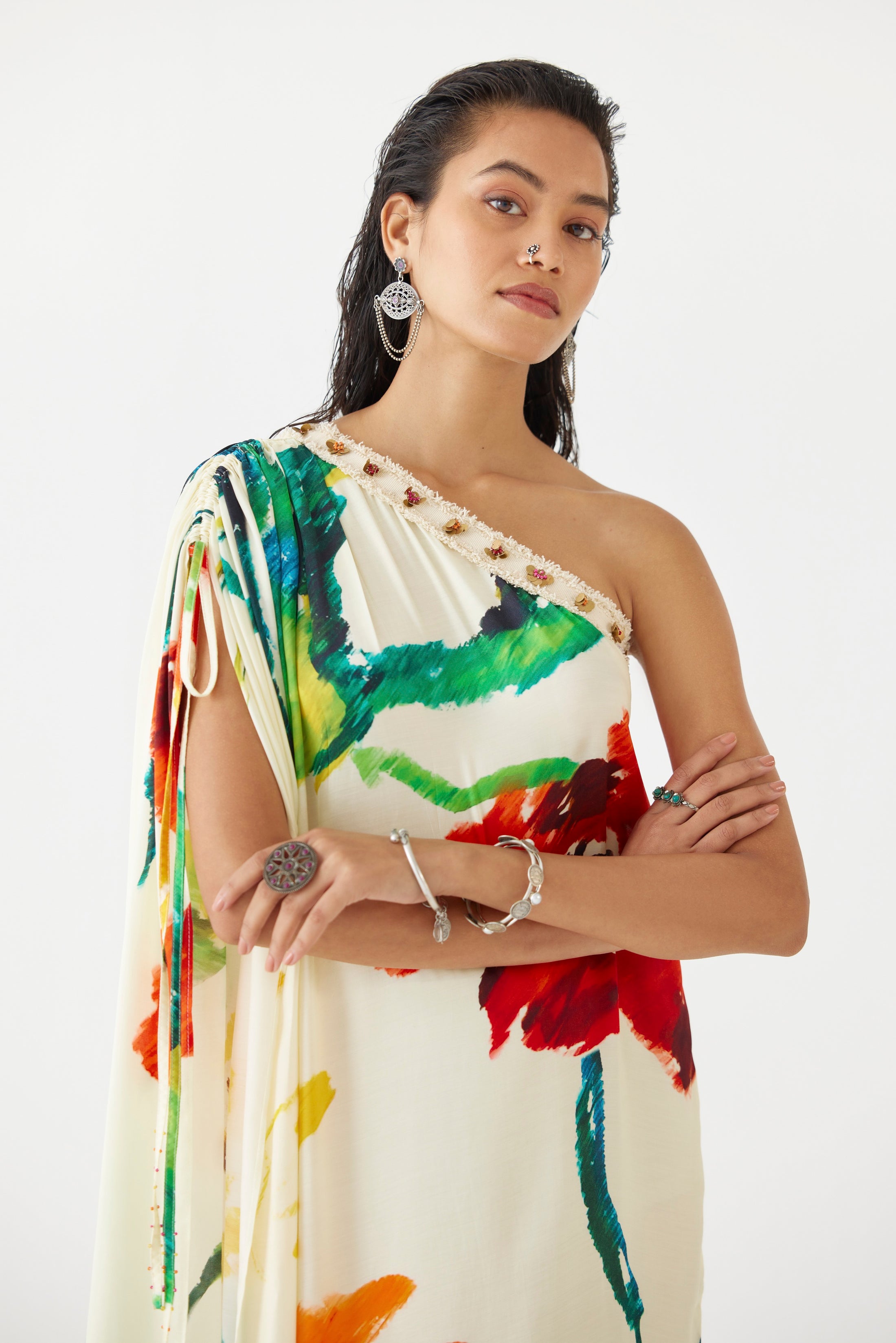 MONET ONE SHOULDER DRAWSTRING DRESS